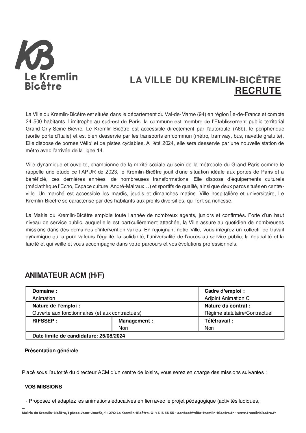 Animateur ACM H/F - Kremlin-Bicêtre